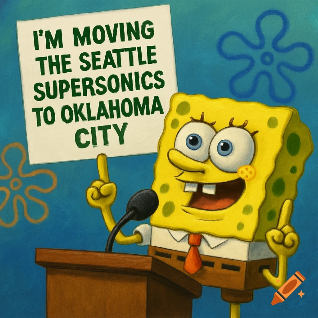 Spongebob Squarepants at a podium holding a sign that reads 'I'M MOVING ...
