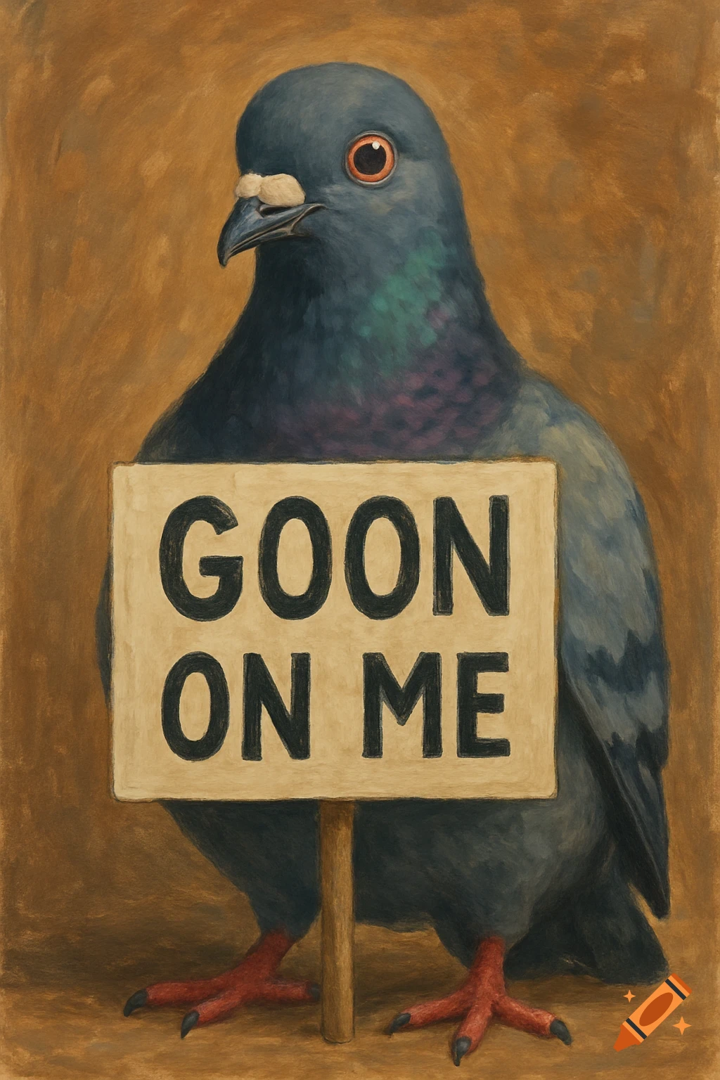 An illustration of a pigeon holding a sign that reads GOON ON ME on Craiyon
