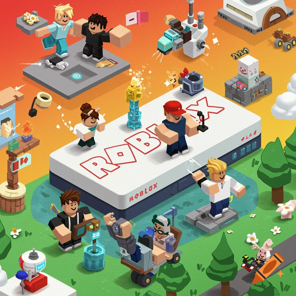 Isometric illustration of Roblox characters building and interacting ...