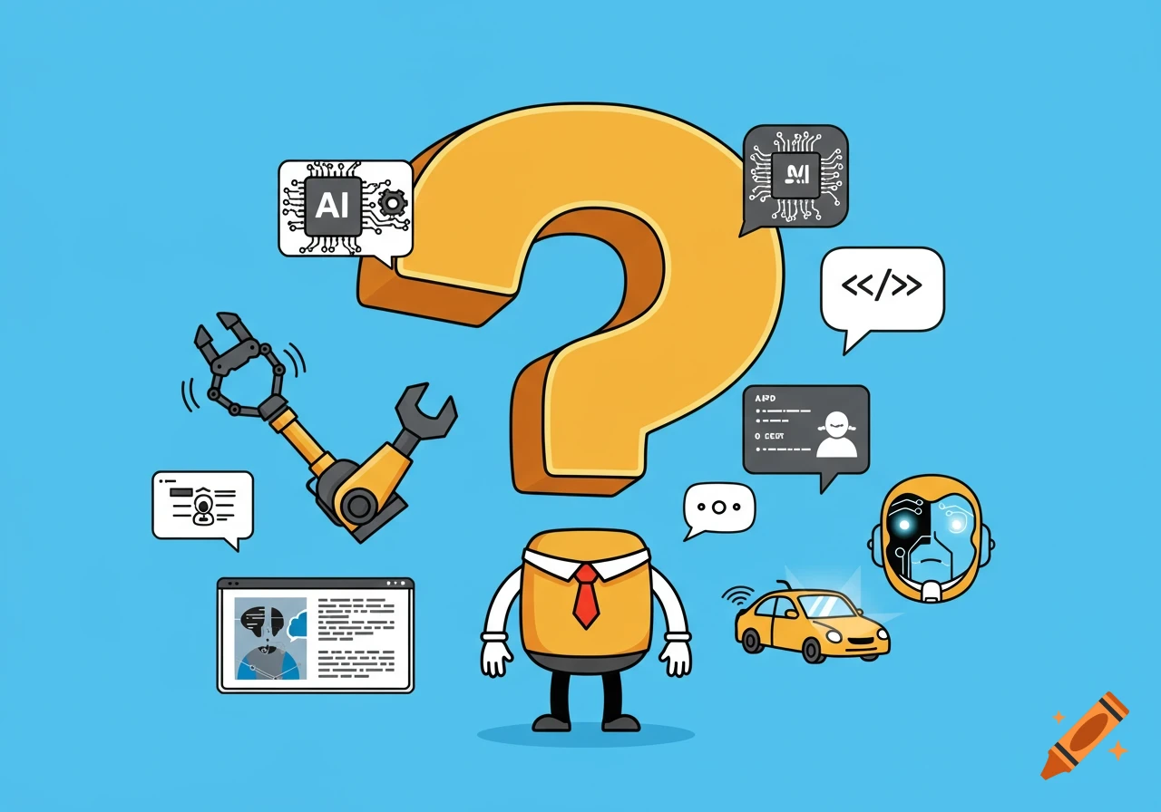 Cartoon illustration of a question mark character surrounded by AI and ...