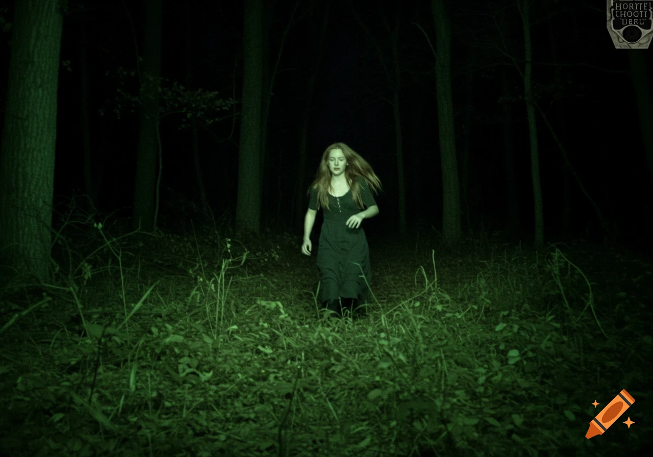 A woman runs through a dark forest at night in grainy, green-tinted ...
