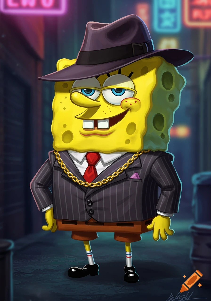 SpongeBob Squarepants in a pinstripe suit, fedora, and gold chain ...