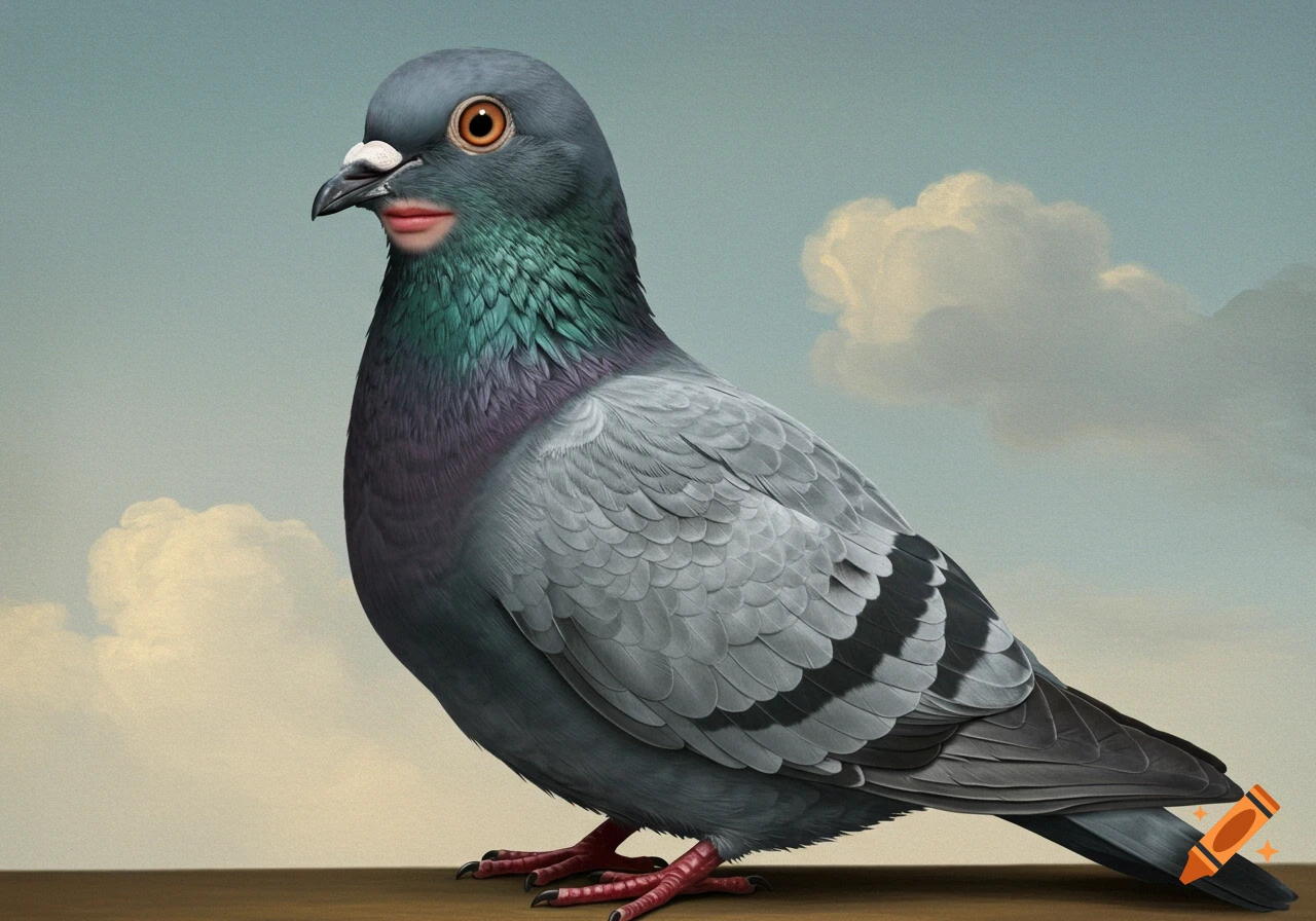 A pigeon with human lips stands against a cloudy sky. on Craiyon