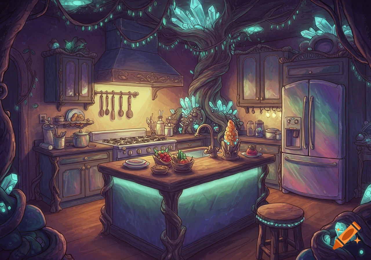 A fantasy kitchen with tree roots and glowing crystals integrated into ...