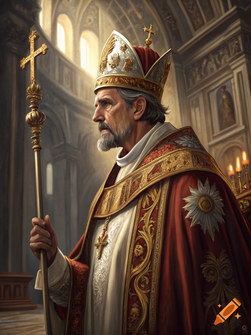 Painting of a man dressed as a Pope holding a staff in a church on Craiyon