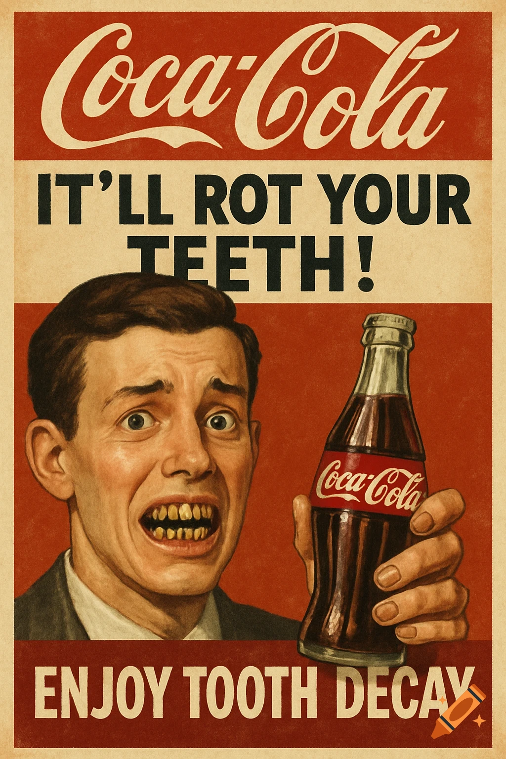 Vintage satirical poster shows man with decayed teeth holding Coca-Cola ...