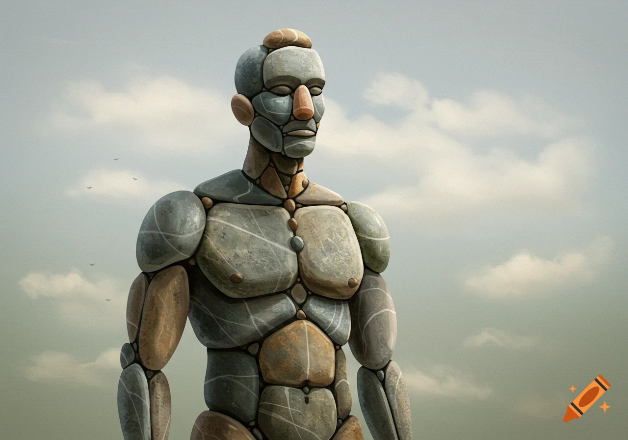 A figure resembling a human made of various sized stones and pebbles ...