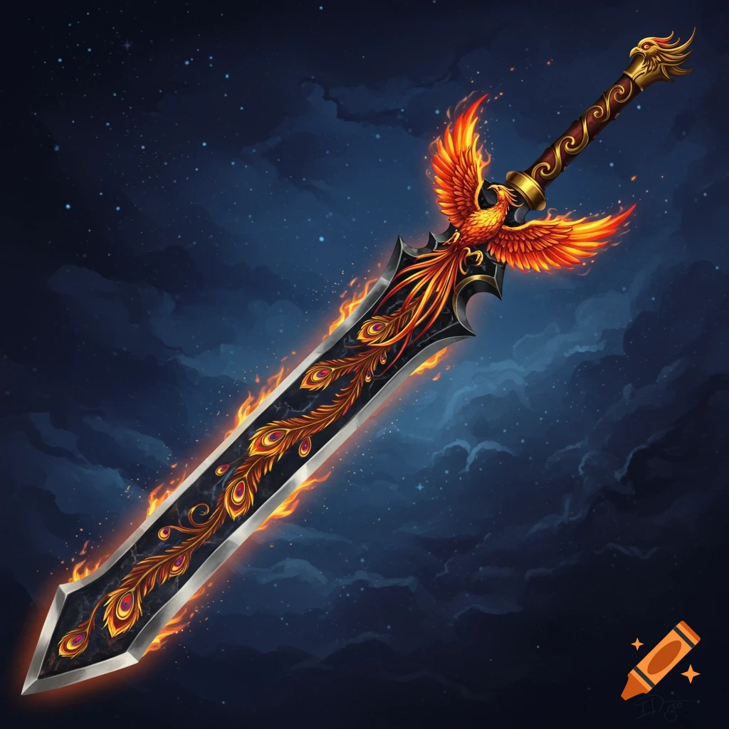 A fantasy great sword with a phoenix design, fire along the blade edges ...