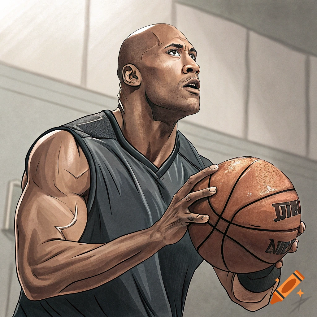 Stylized illustration of Dwayne 'The Rock' Johnson holding a basketball ...