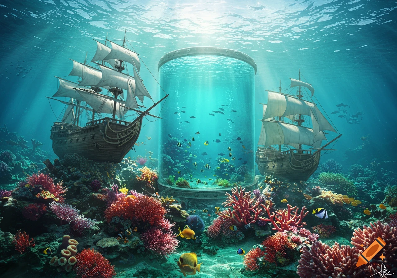 Two sailing ships rest on a vibrant coral reef underwater next to a ...