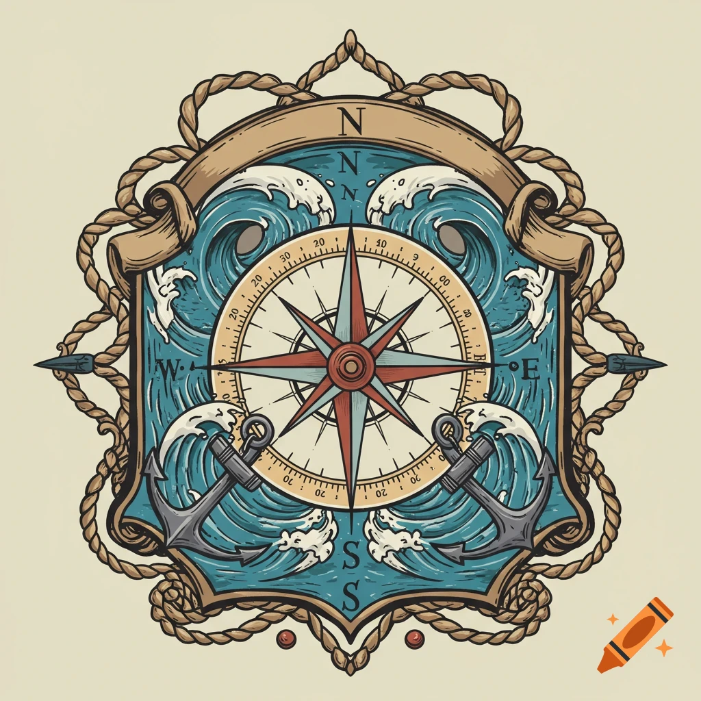 Stylized nautical illustration with compass, waves, anchors, and rope ...