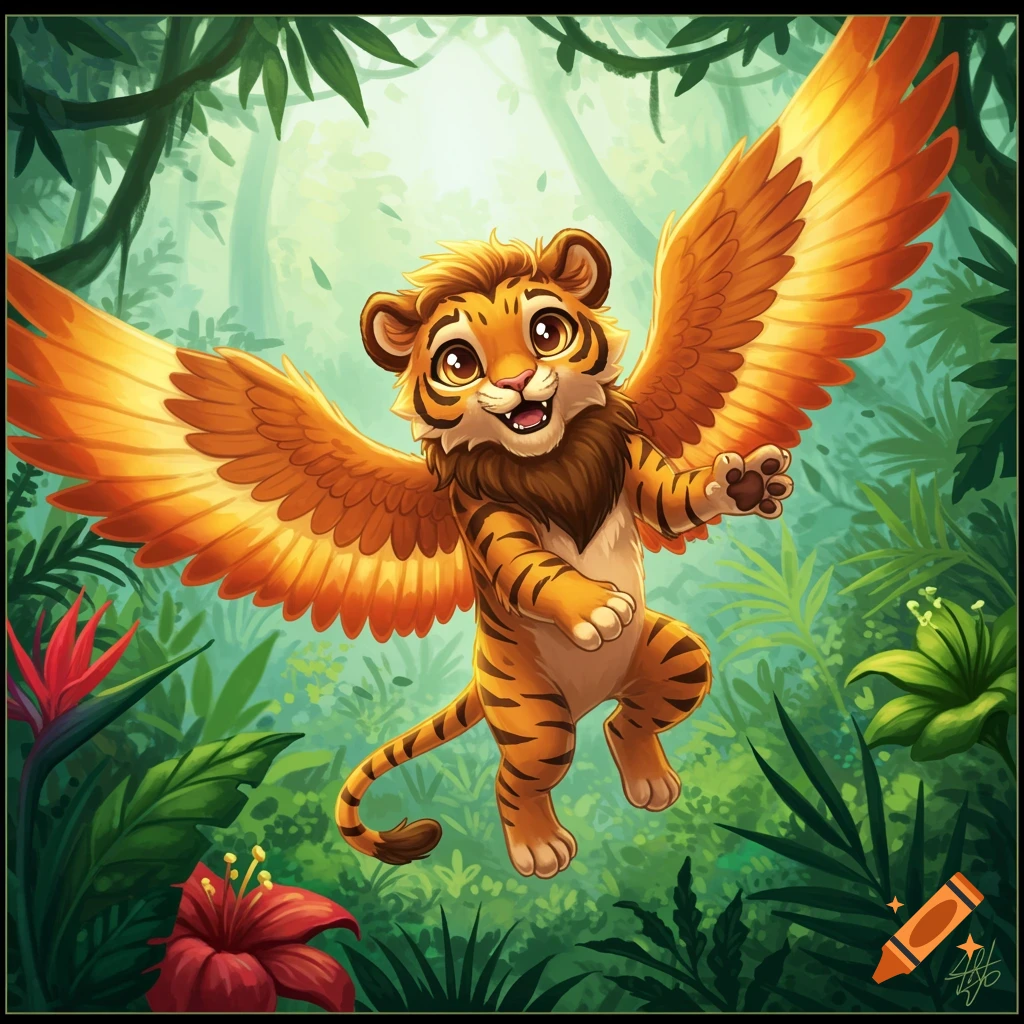 Cute cartoon winged tiger cub flying in a jungle. on Craiyon