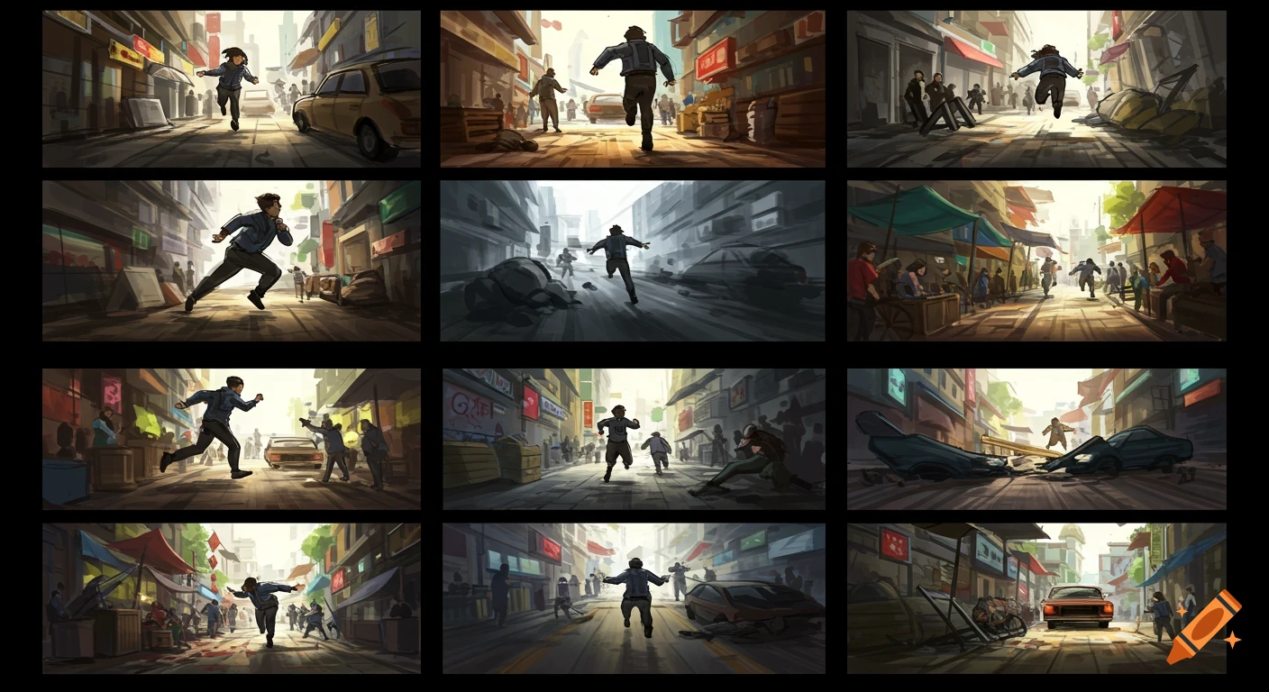 Multiple storyboard panels depict a chase scene with figures running ...