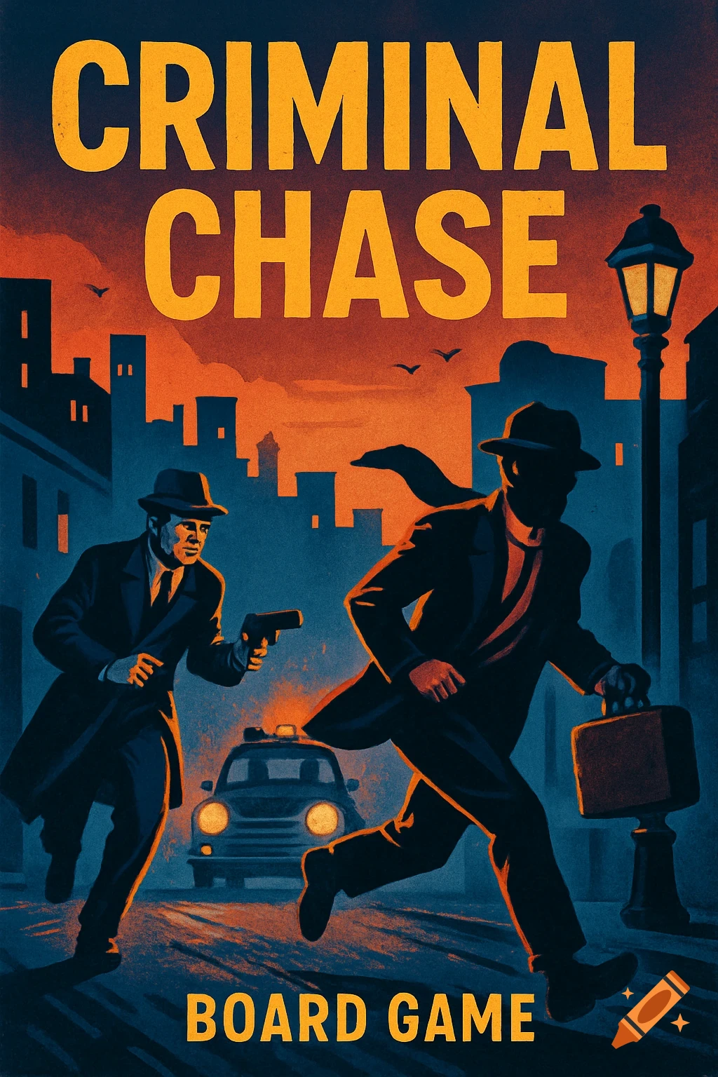 Retro illustration for Criminal Chase board game cover showing two men ...