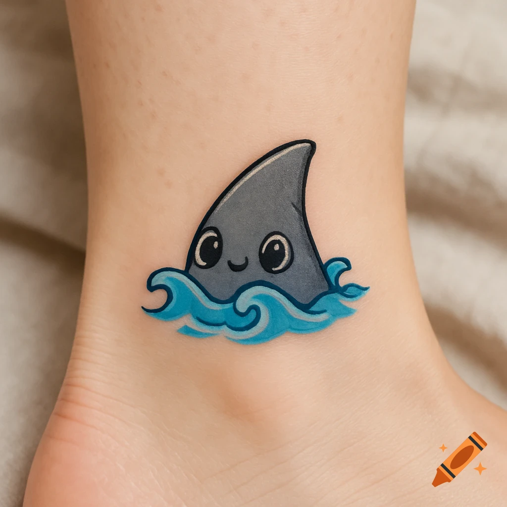 Cute cartoon shark fin tattoo with waves on an ankle. on Craiyon