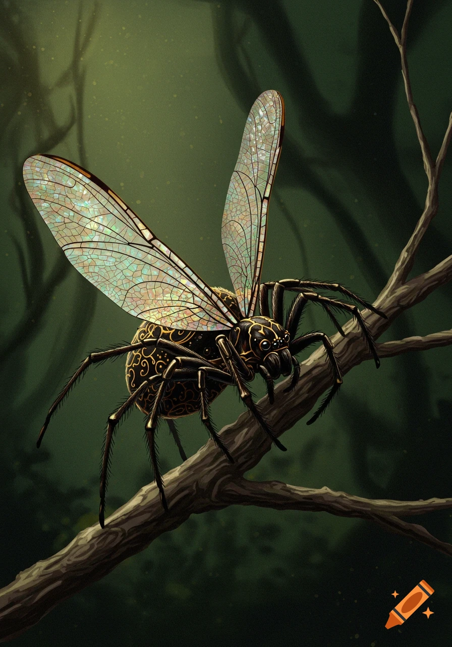 A fantasy illustration of a spider with iridescent wings perched on a ...