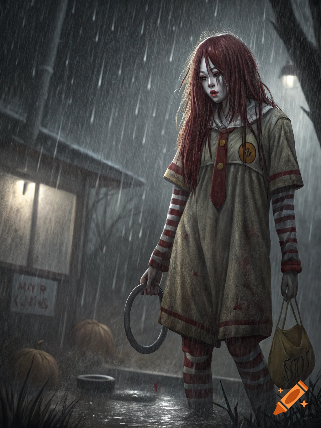 A creepy person in a distorted Ronald McDonald costume stands in the ...