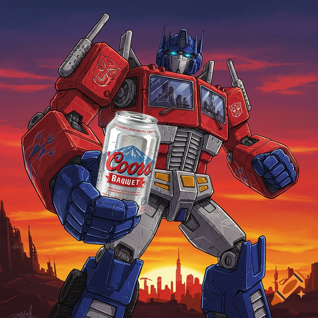 Optimus Prime from Transformers holds a can of beer with a cityscape at sunset. on Craiyon