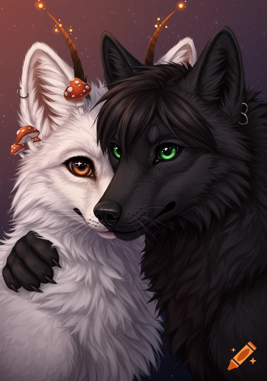 Semi-realistic illustration of a white fox and a black wolf with ...