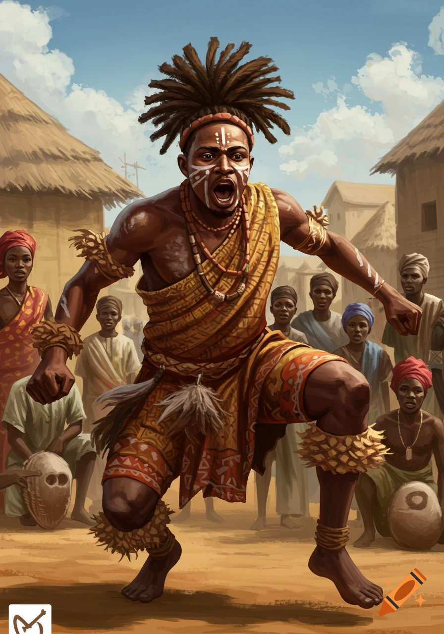 A male Ohafia war dancer in traditional attire and face paint performs ...