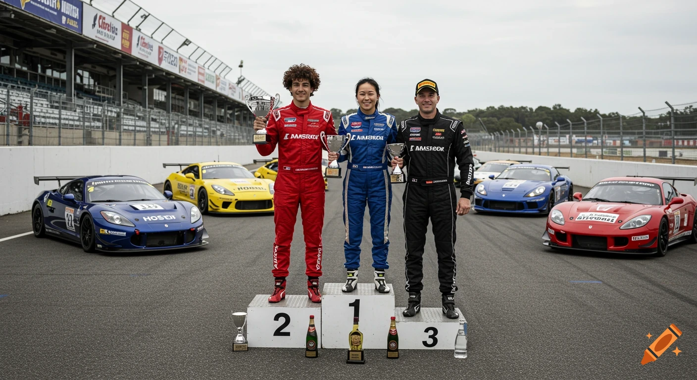Three racers stand on a winners podium with trophies and race cars ...