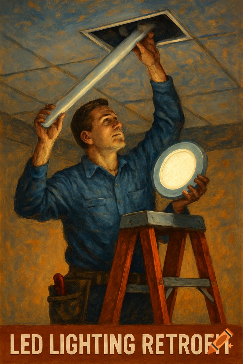 Painterly illustration of a man on a ladder installing an LED light ...