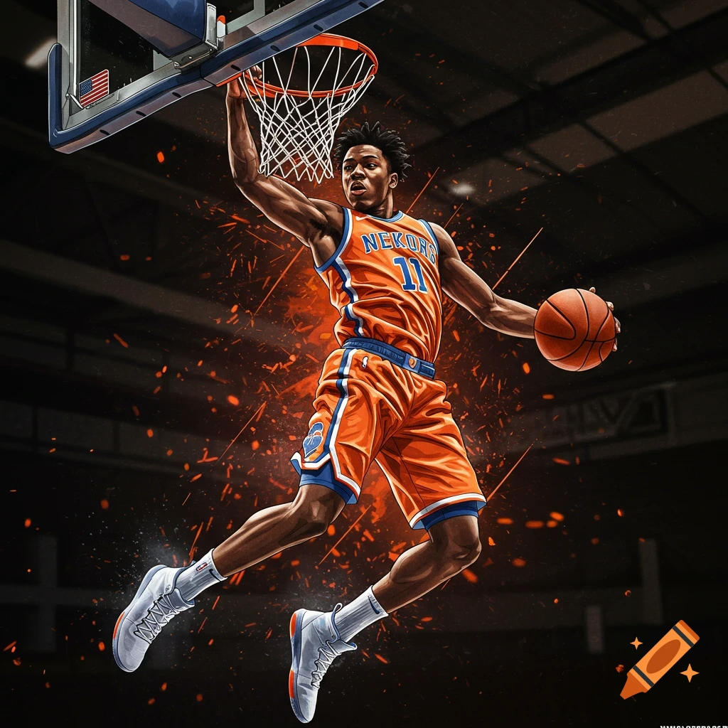 A basketball player in an orange and blue jersey dunks a basketball in ...