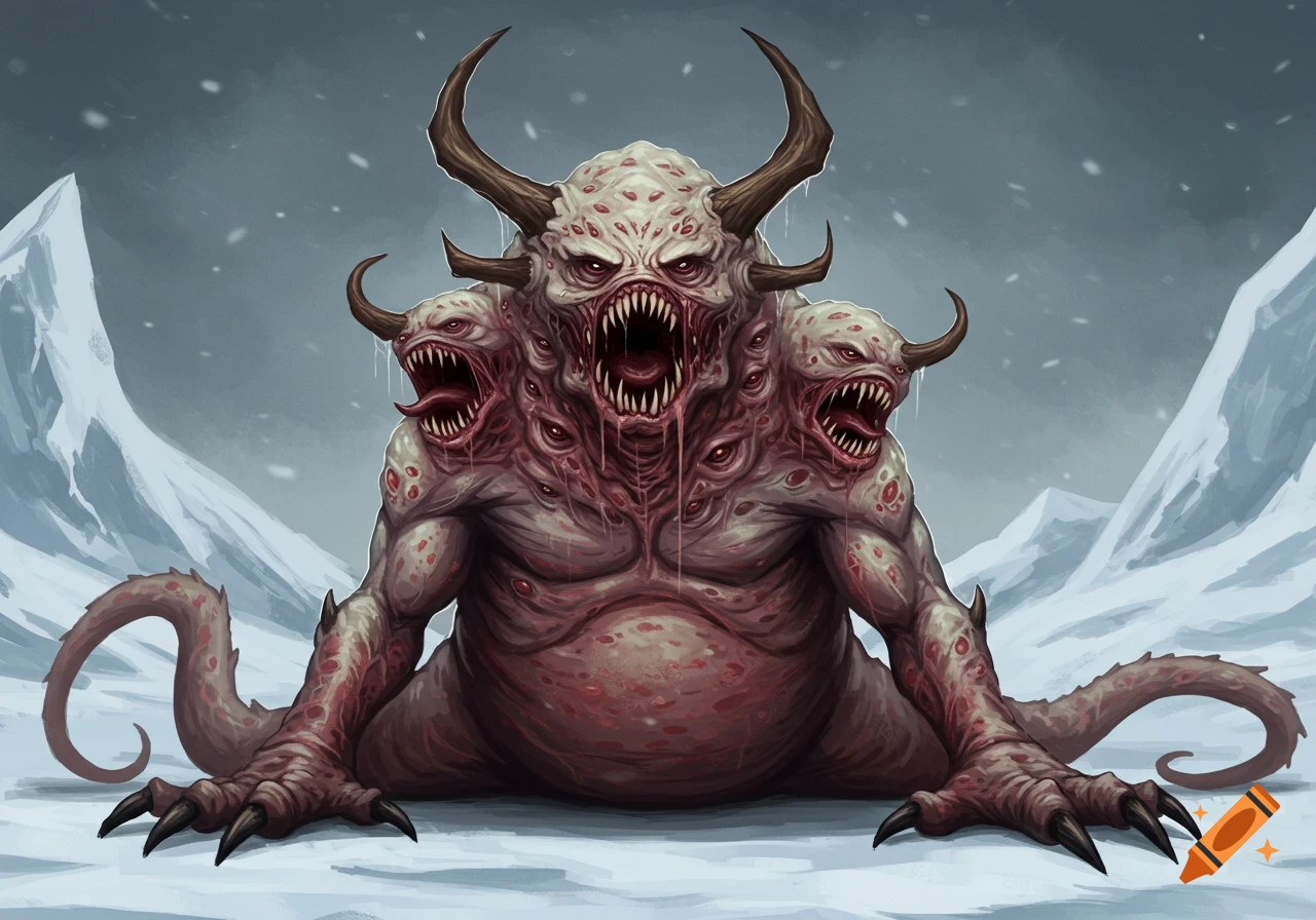 Multi-headed slimy monster with horns and sharp teeth in a snowy ...