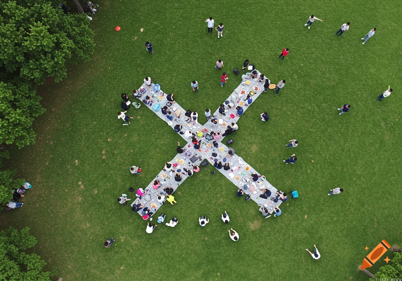 Aerial view of people having a picnic on an X-shaped blanket in a park ...