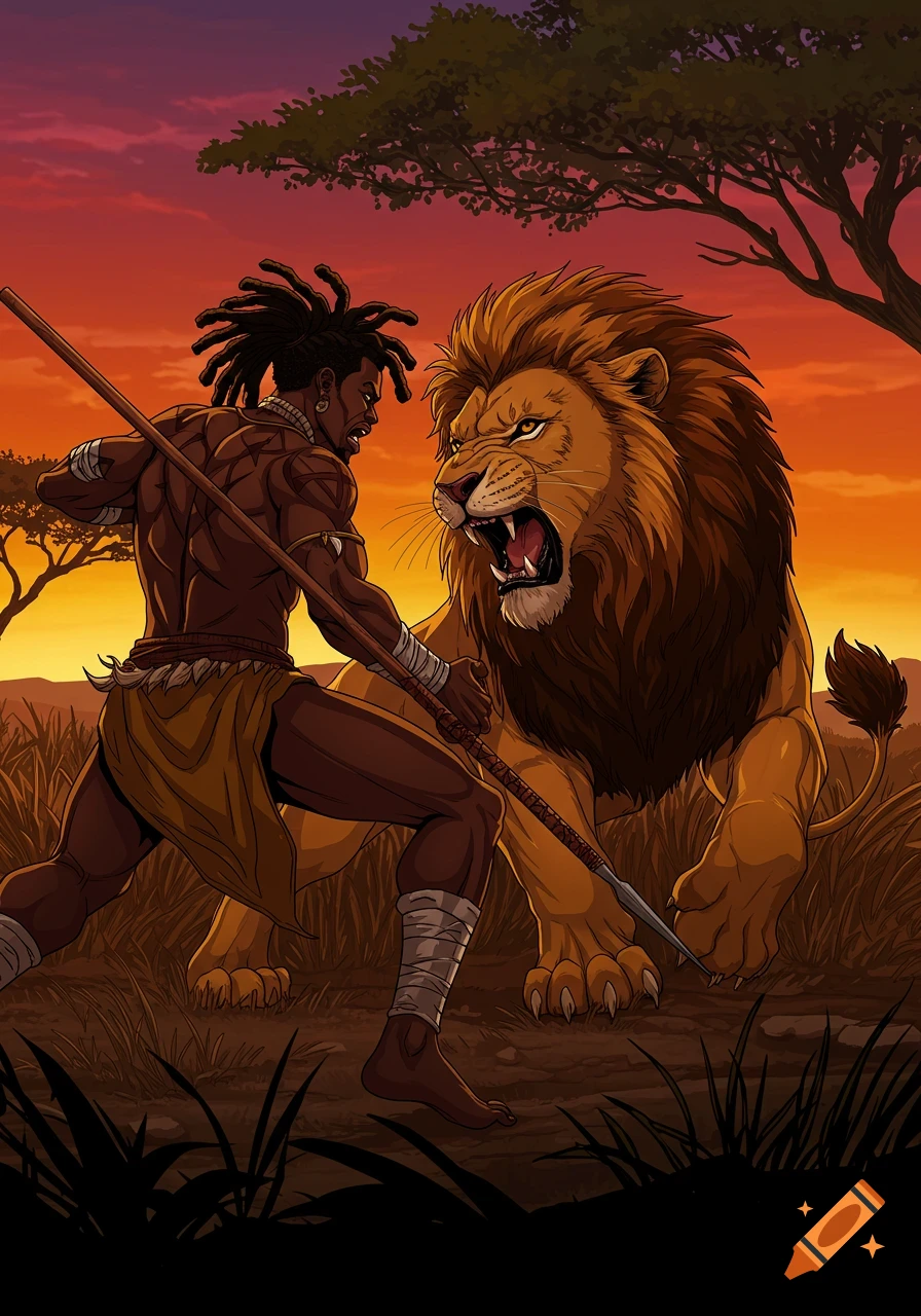 Illustration of a man with a spear fighting a roaring lion in a savanna at sunset. on Craiyon