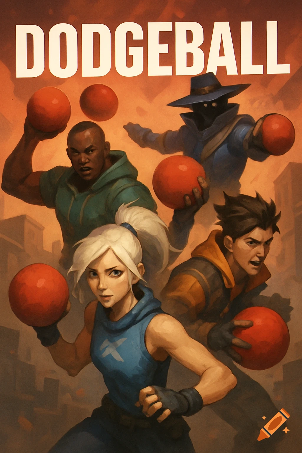 Stylized game cover art of four characters playing dodgeball with the ...