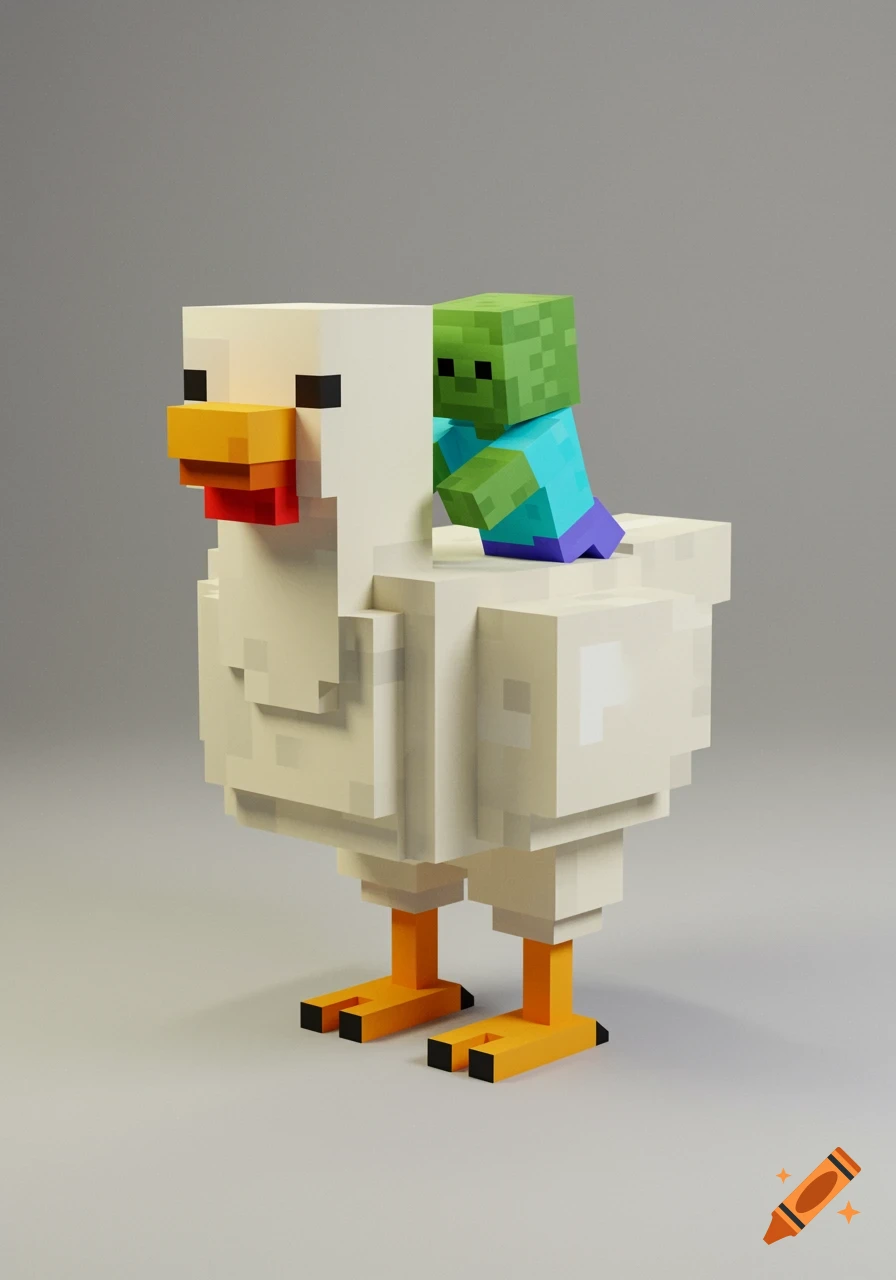 A 3D render of a Minecraft chicken with a baby zombie riding on its ...