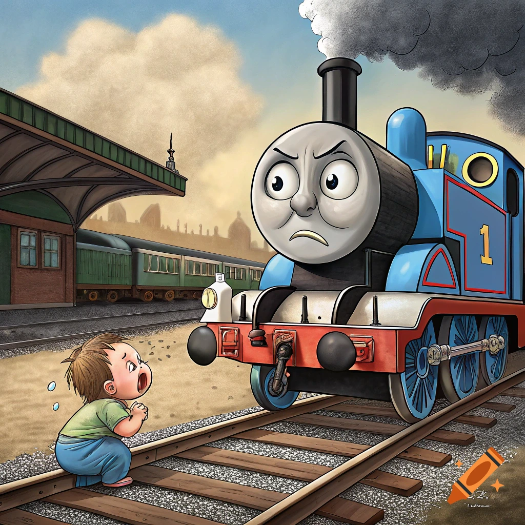Angry Thomas the Tank Engine looks at a crying child sitting on train ...