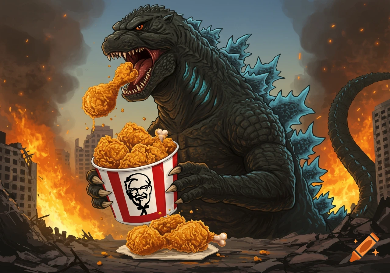 Godzilla eating a bucket of KFC fried chicken in a ruined city on Craiyon
