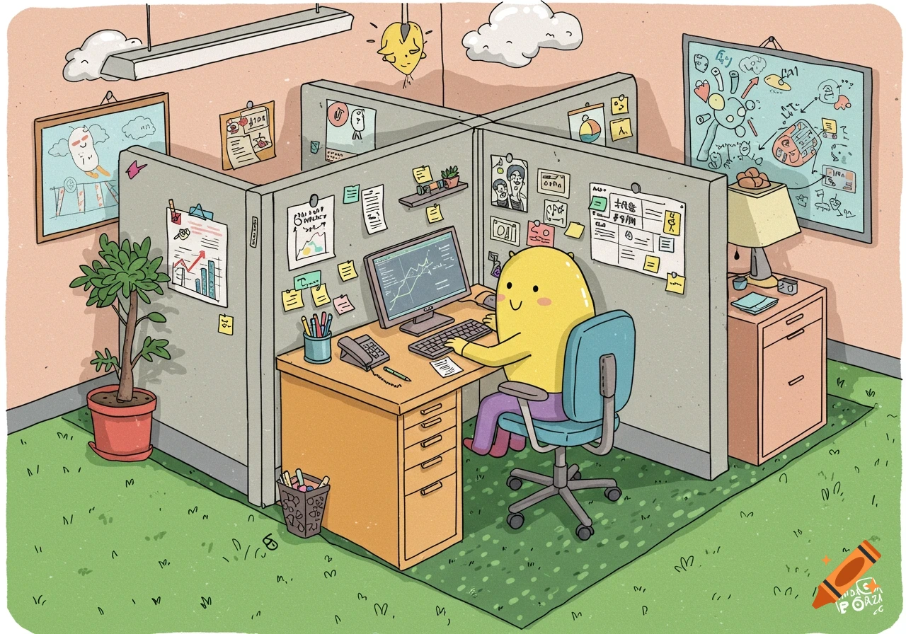 A yellow cartoon character works at a desk in an office cubicle ...