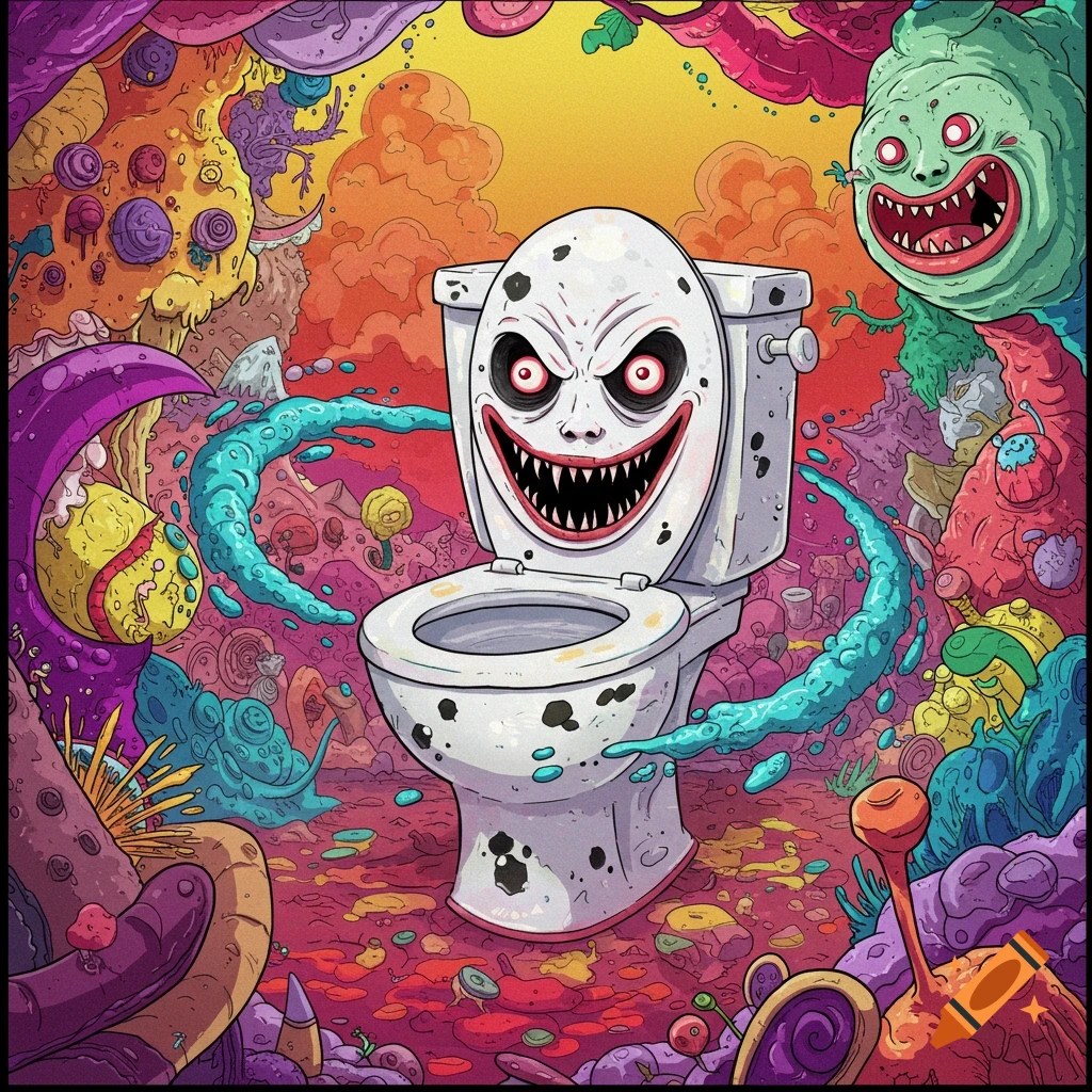Cartoon illustration of a creepy toilet monster surrounded by other ...