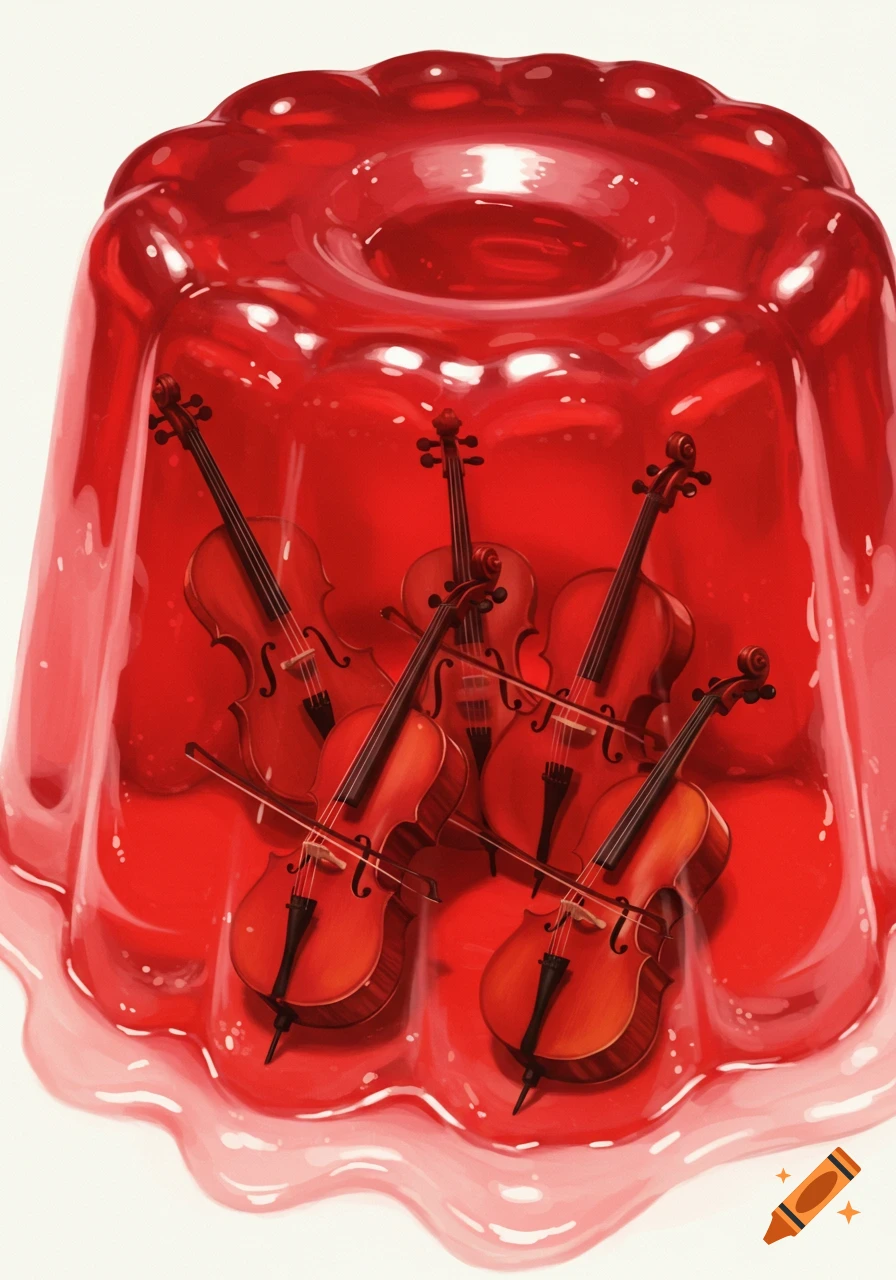 Red jello mold filled with violins in a painting style. on Craiyon