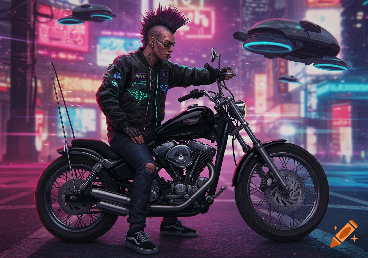 A punk biker on a motorcycle in a cyberpunk city street with flying ...