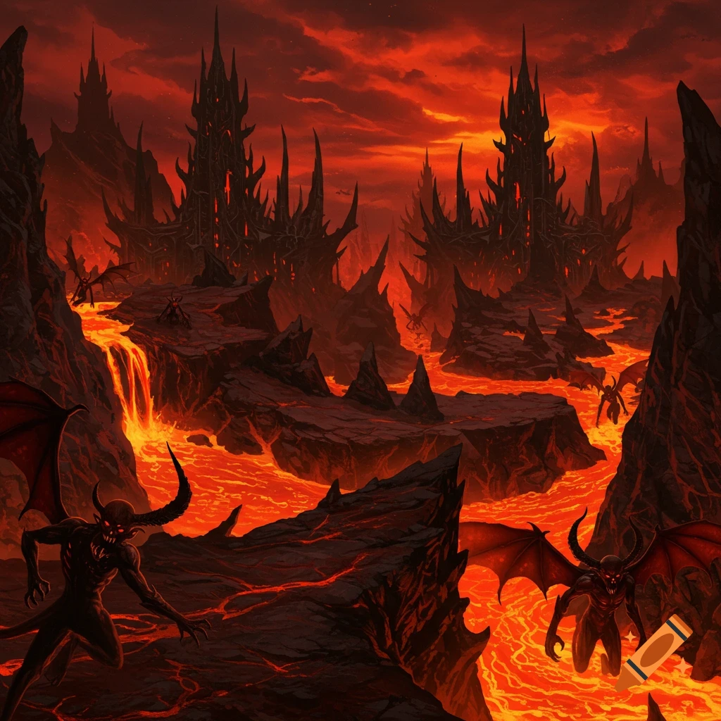 Dark fantasy illustration of a hellscape with jagged castles, lava ...