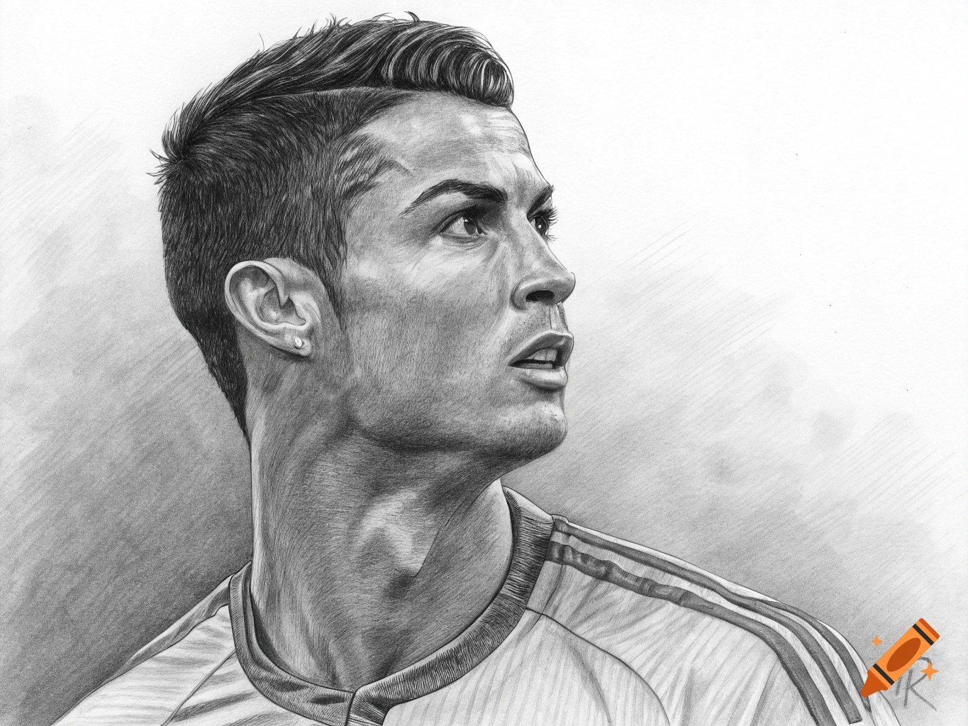Pencil sketch portrait of Cristiano Ronaldo looking up on Craiyon