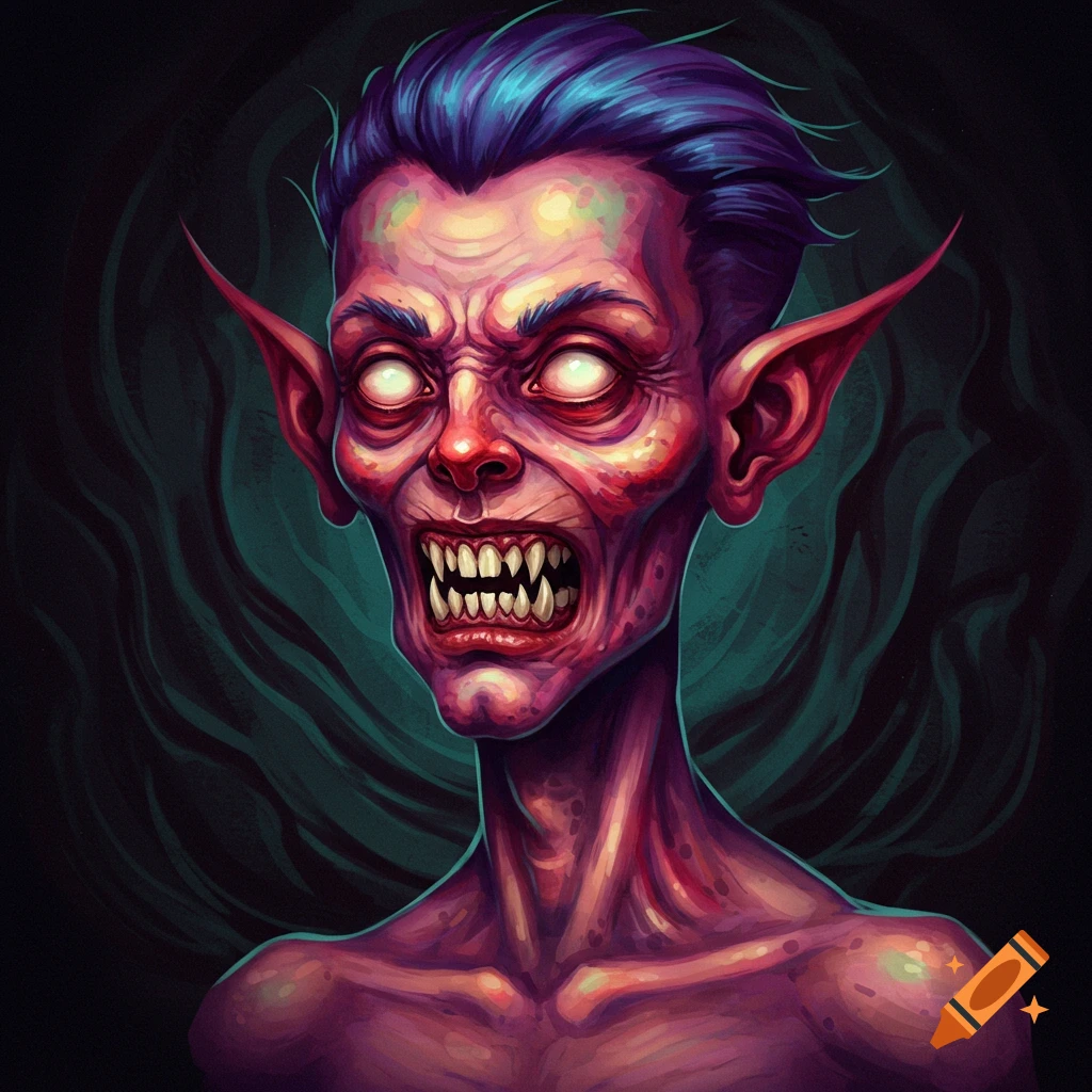 Stylized illustration of a purple-skinned monster with large teeth ...