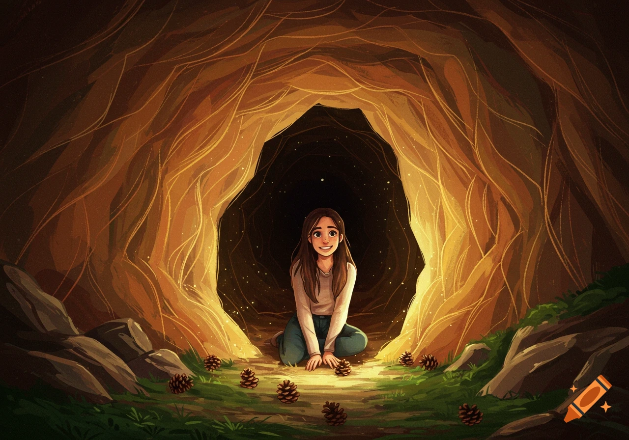 Illustration of a young person sitting in a cozy, glowing cave ...