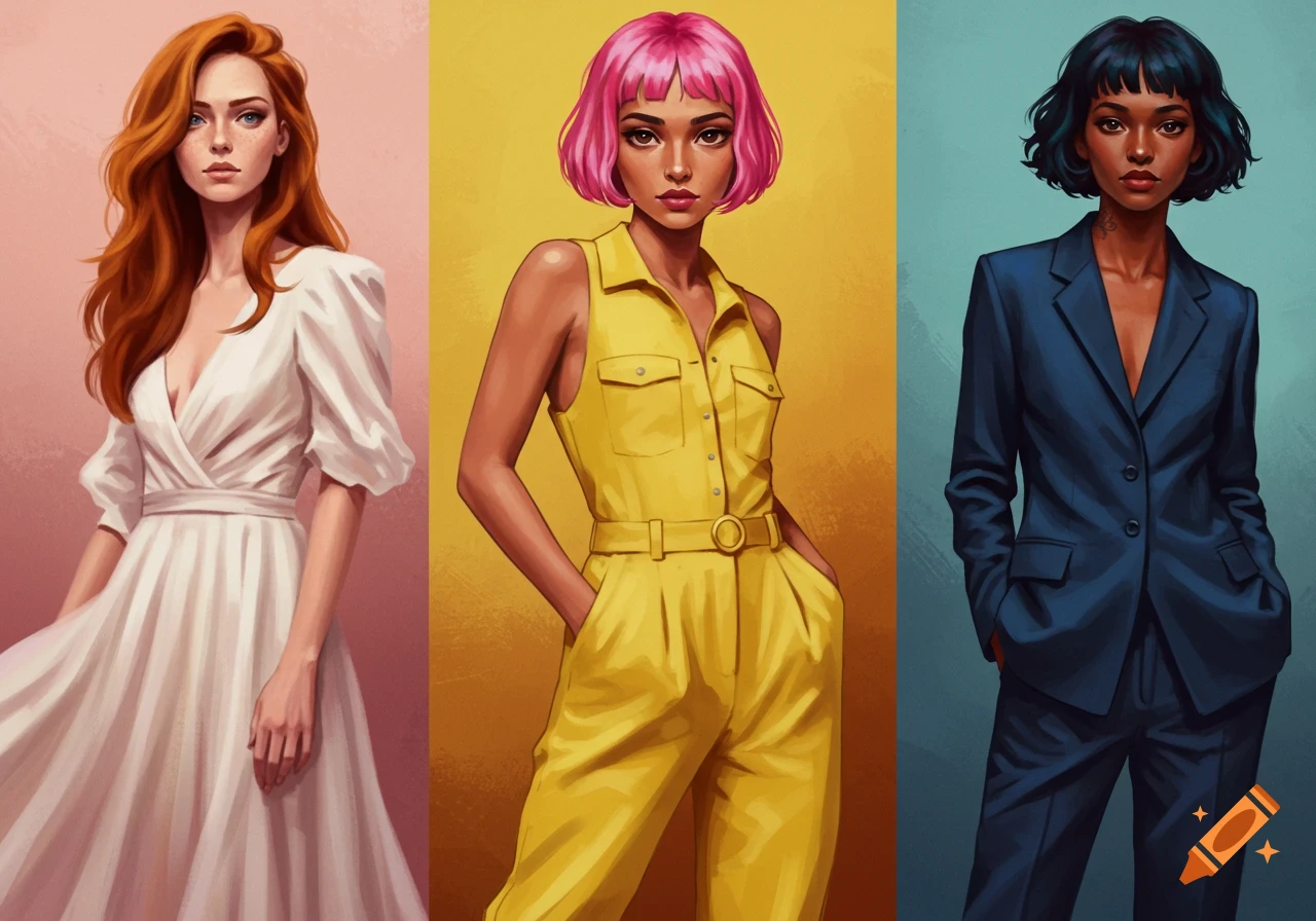 Illustration of three women in different outfits: white dress, yellow ...