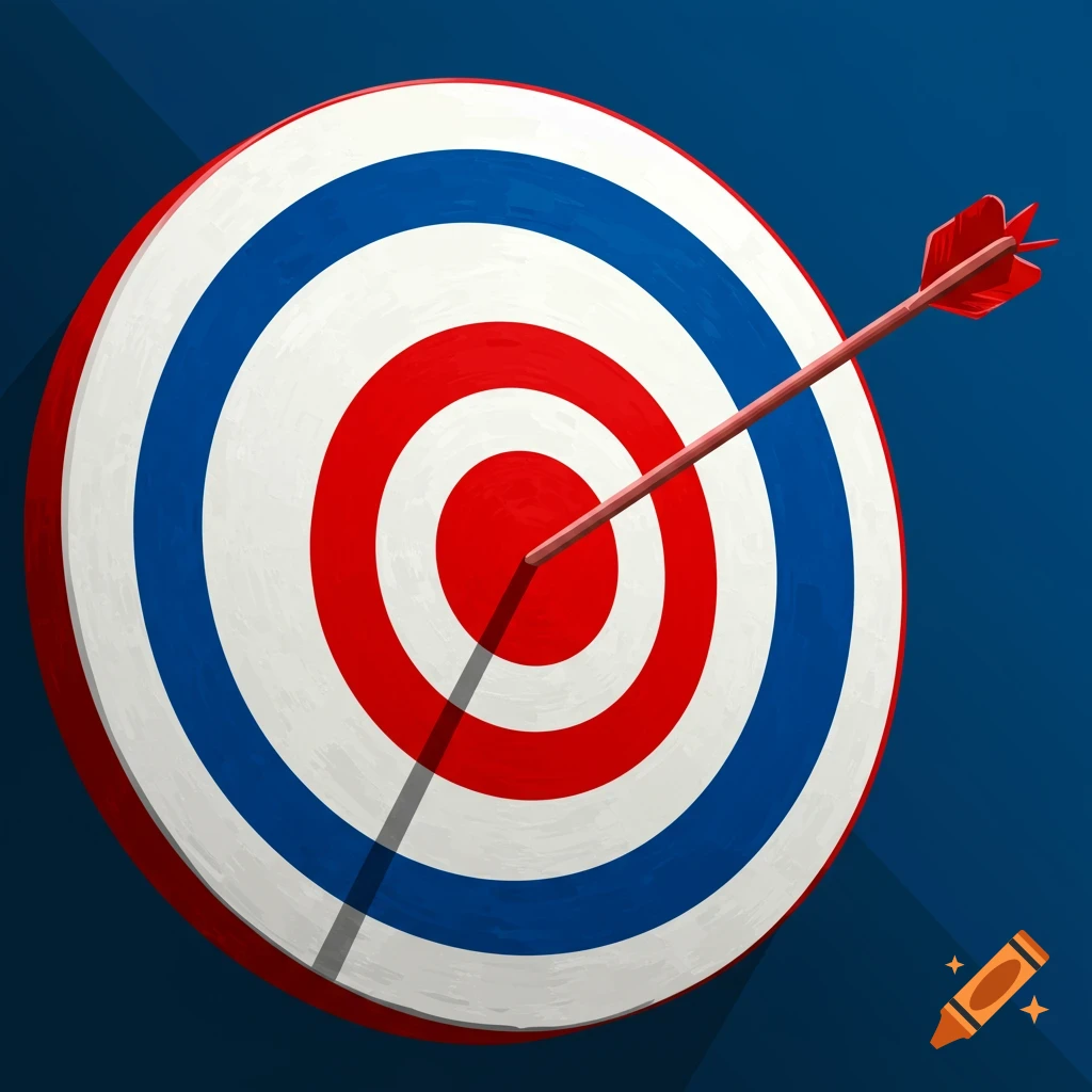 A red, white, and blue archery target with a red arrow hitting the ...