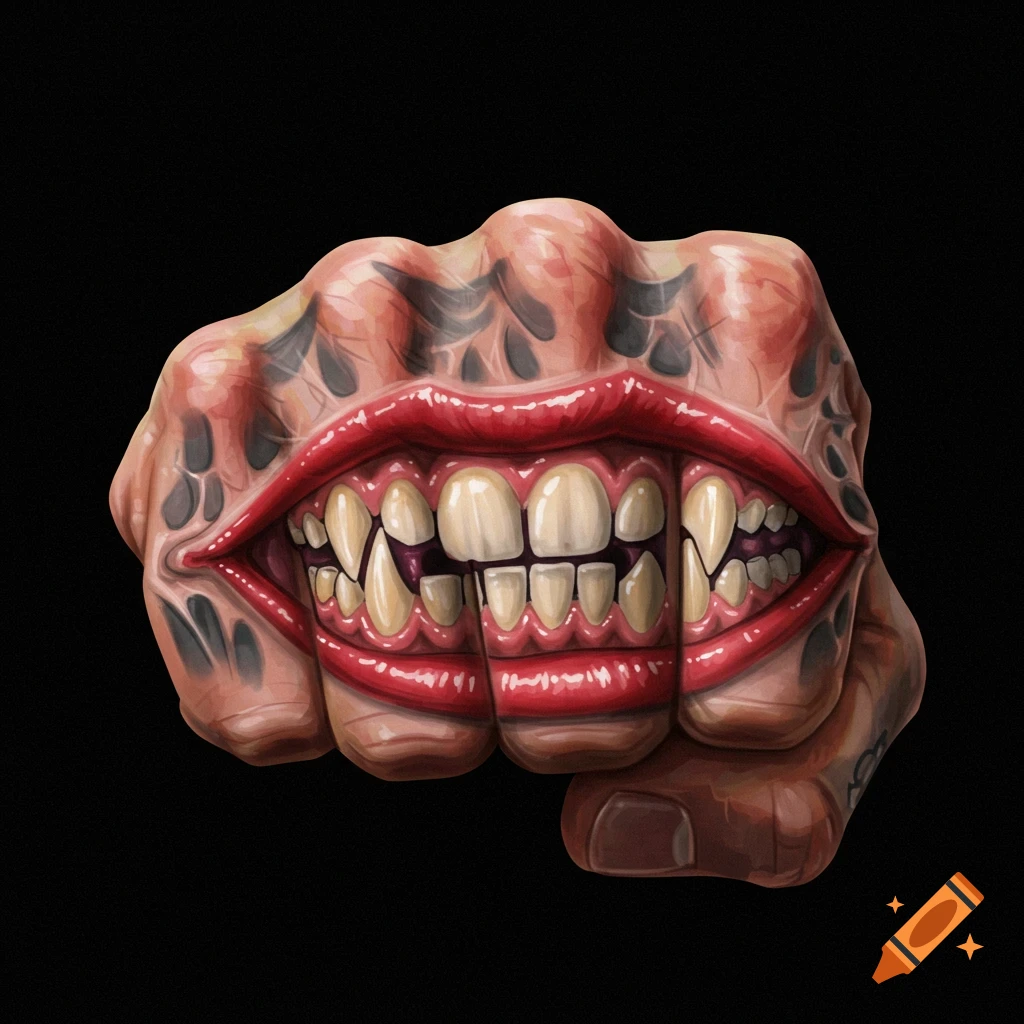 A grotesque illustration of a fist with a large mouth and multiple rows ...