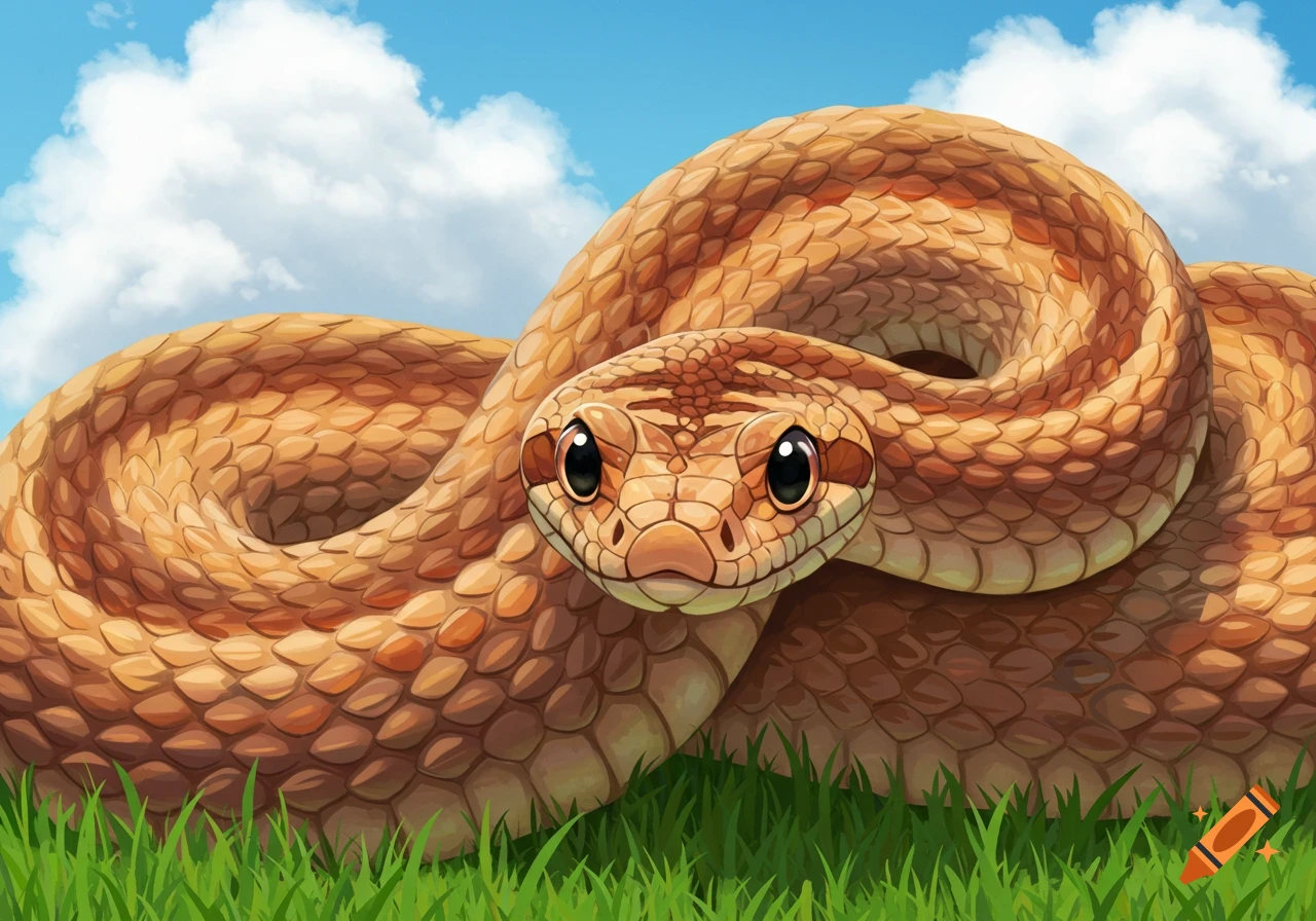 An illustration of a friendly Hognose snake coiled in grass under a ...