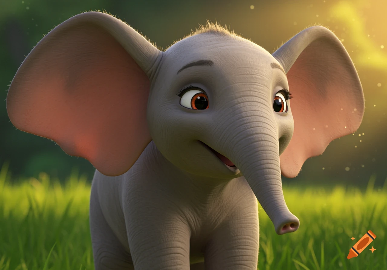A cute baby elephant stands in a grassy field in a Pixar animation ...