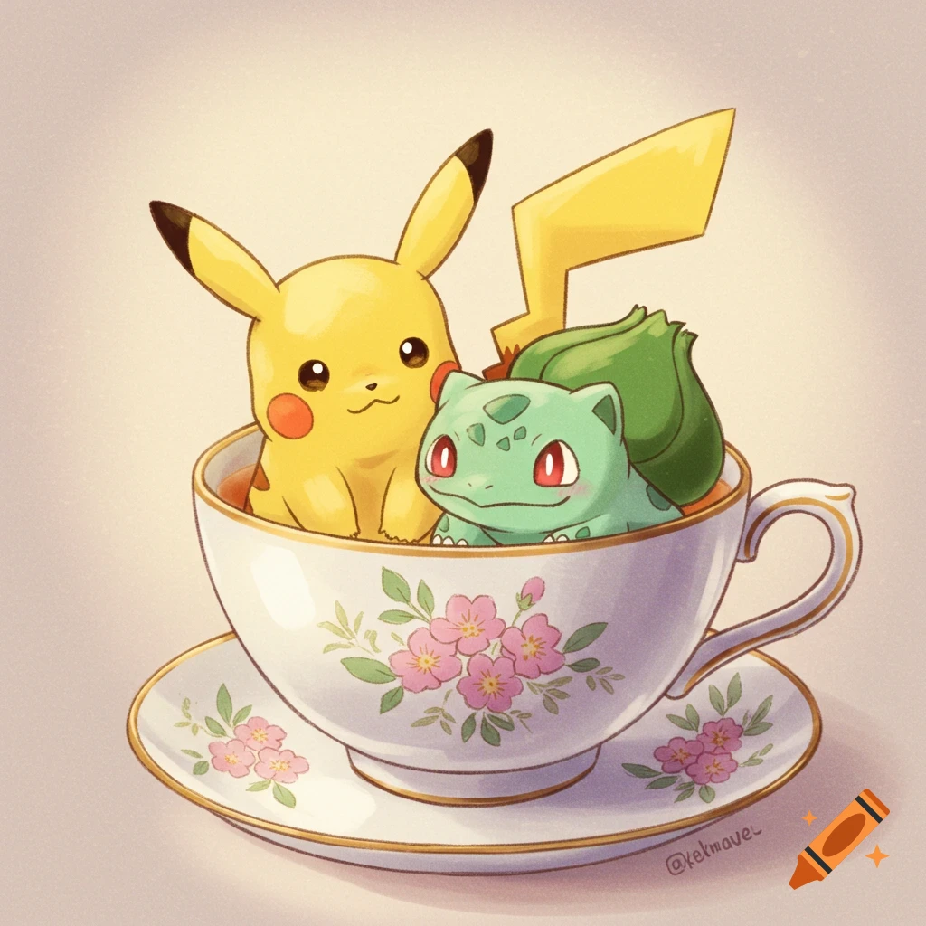 Illustration of Pikachu and Bulbasaur sitting in a floral teacup on a ...