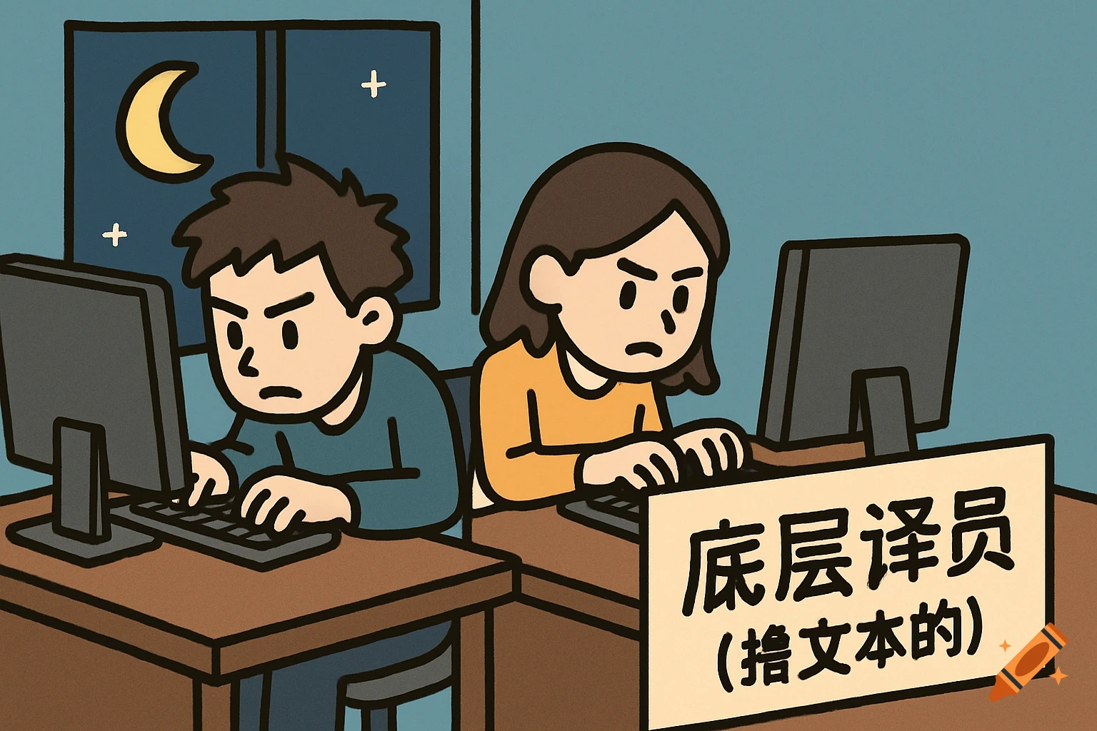 Cartoon illustration of two people working intensely on computers at ...