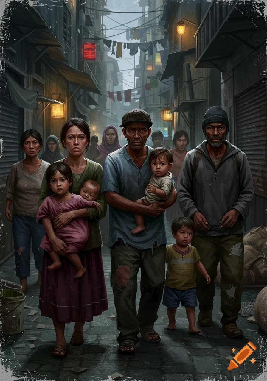 A group of poor people, including adults and children, walk down a ...